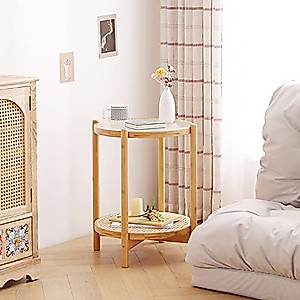 Tiita Rattan Coffee Table, Round End Table, 2-Tier Morden Side Table, Small Living Room Side Table, Glass Sofa End Table for Balcony and Office Outdoor/Indoor (Horizontal Stripe)