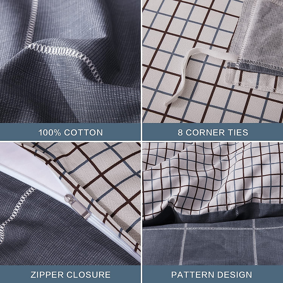 SAPHREAS Gray Plaid Duvet Cover Set Queen Size 3pcs Dark Grey Grey Geometric Grid Cotton Bedding Comforter Cover Set 1 Quilt Cover 2 Pillow Shams