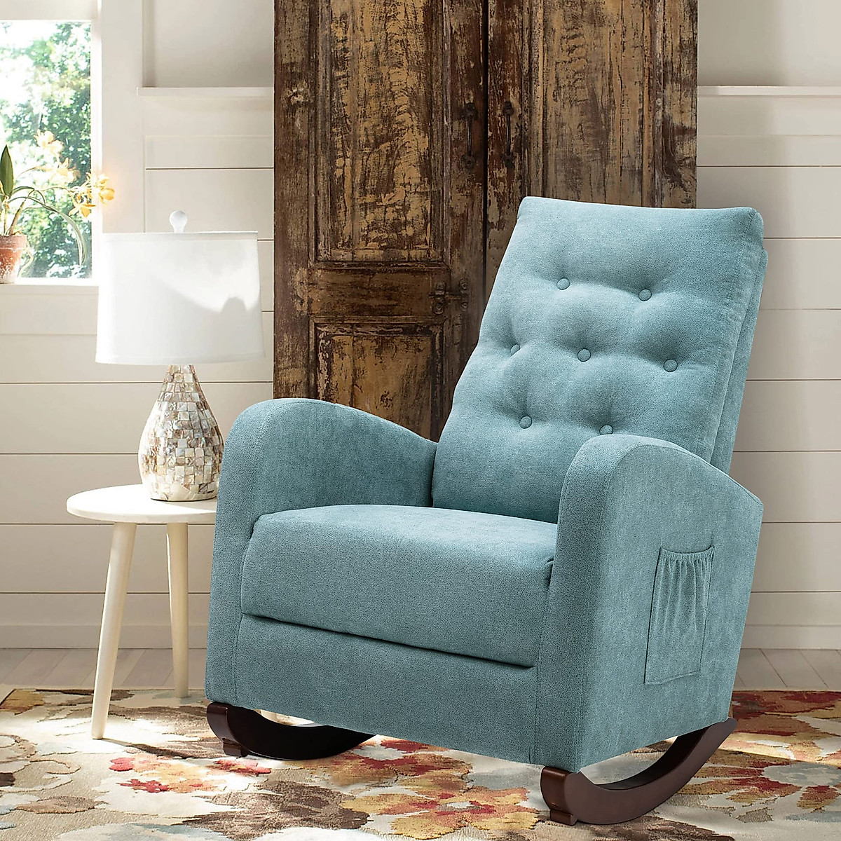 BOSTANA Rocking Chair Nursery,Upholstered Velvet Glider Chair with High Backrest & Rubber Wood Legs & Side Pocket,Rocker Armchair for Livingroom,Bedroom,Lounge,Babyroom