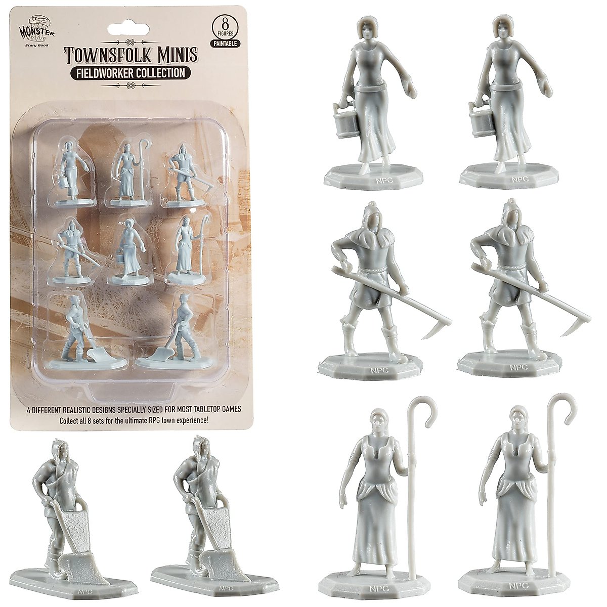 Monster Townsfolk Mini Fantasy Figures - 8pc Paintable Fieldworker Non Player Character NPC Miniatures - 1" Hex-Sized Compatible with DND Dungeons Dragons, Pathfinder, Tabletop Games