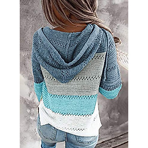 SHEWIN Womens Striped Color Block Lightweight Knit Sweater Hoodies Casual Long Sleeve V Neck Drawstring Pullover Sweatshirts Fall Sweaters for Women 2023,US 12-14(L),Sky Blue