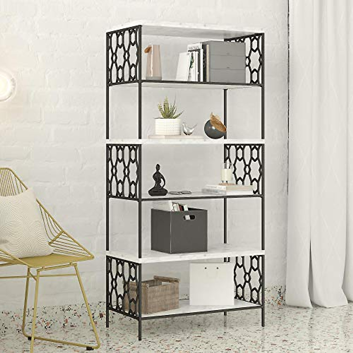CosmoLiving by Cosmopolitan Ella 5 Shelf, White Marble/Black Bookcase