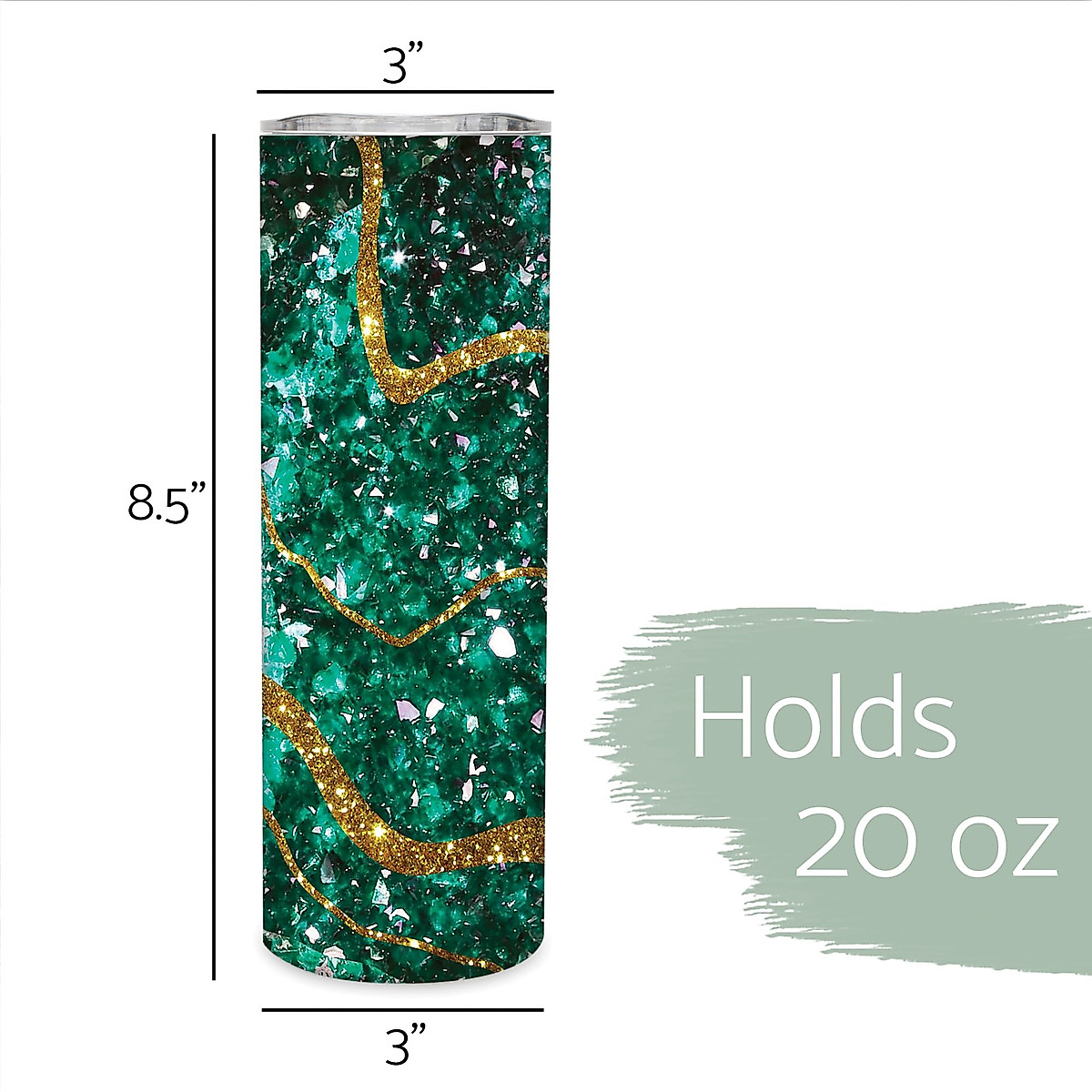 Elanze Designs Emerald Green & Shimmer Gold Sparkle Gemstone Wrap-Around Design 20 Ounce Stainless Steel On-The-Go Coffee Travel Insulated Skinny Tumbler Mug Cup with Slide Top Lid