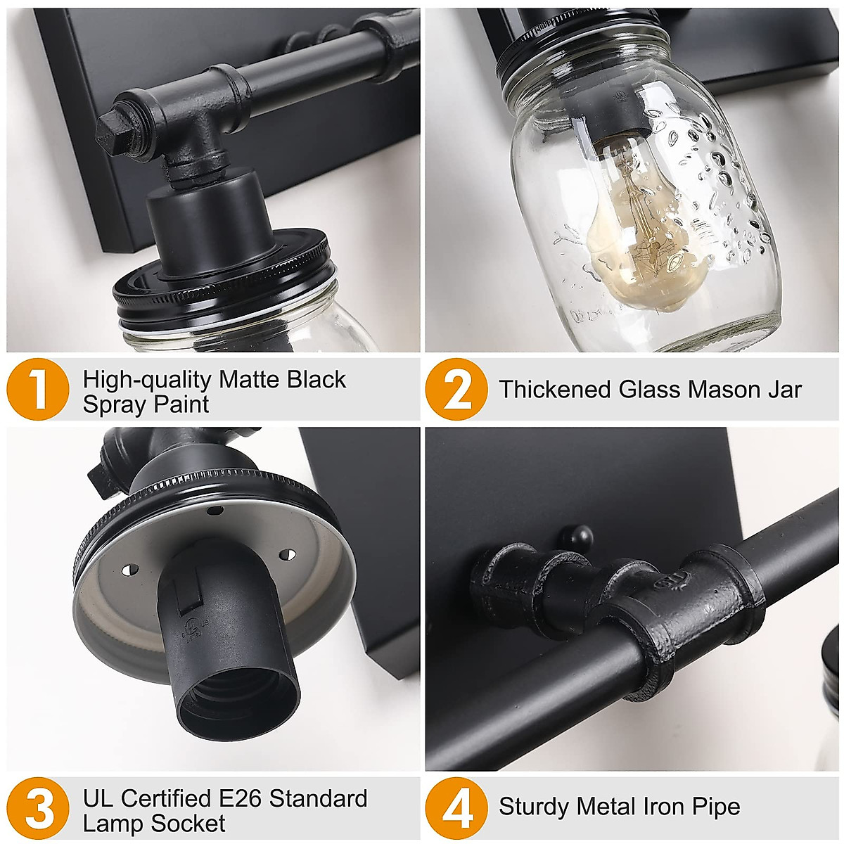 Black Vanity Light Fixtures 2-Light Mason Jar Wall Lamp Farmhouse Wall Sconces, Plug in Pendant Lighting with Cord 2 Pack Black Hanging Lamp with Plug in Cord 15.8ft and Dimmer Switch Bundled Goods