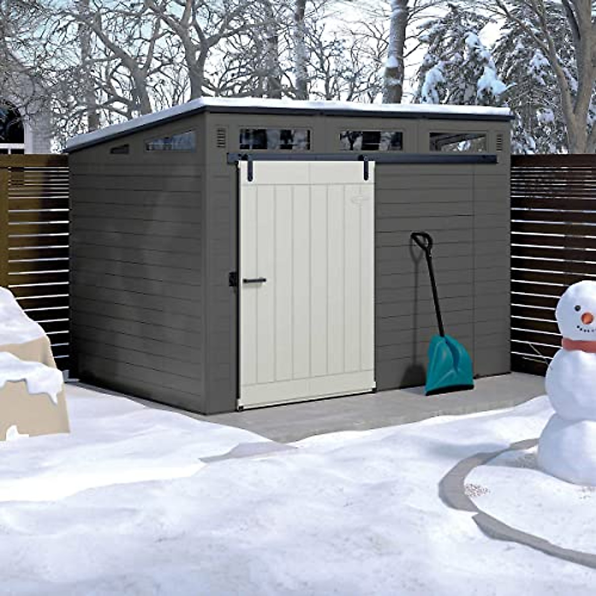 Suncast Modernist 10' x 7' Outdoor Storage Shed with Pad-Lockable Sliding Barn Door, All-Weather Shed for Outdoor Storage Items, Gray