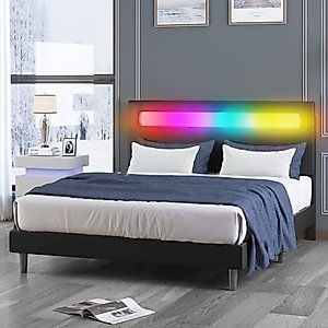 Mjkone Queen Size Bed Frame, LED Bed Frame with Smart RGB LED Light Bar, Works with Alexa or Apps, Platform Bed with Adjustable Lighting, Upholstered Bed Frames with Headboard, No Mattress, Black