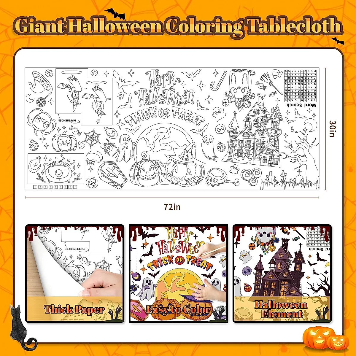 Miucat Halloween Coloring Tablecloth, 79 * 35inch Halloween Crafts for Kids DIY Coloring Tablecovers Halloween Activities for Halloween Games Party Favors Supplies
