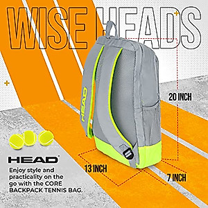 HEAD Core Tennis Backpack - 2 Racquet Carrying Bag w/Padded Shoulder Straps / Grey/Yellow / Large