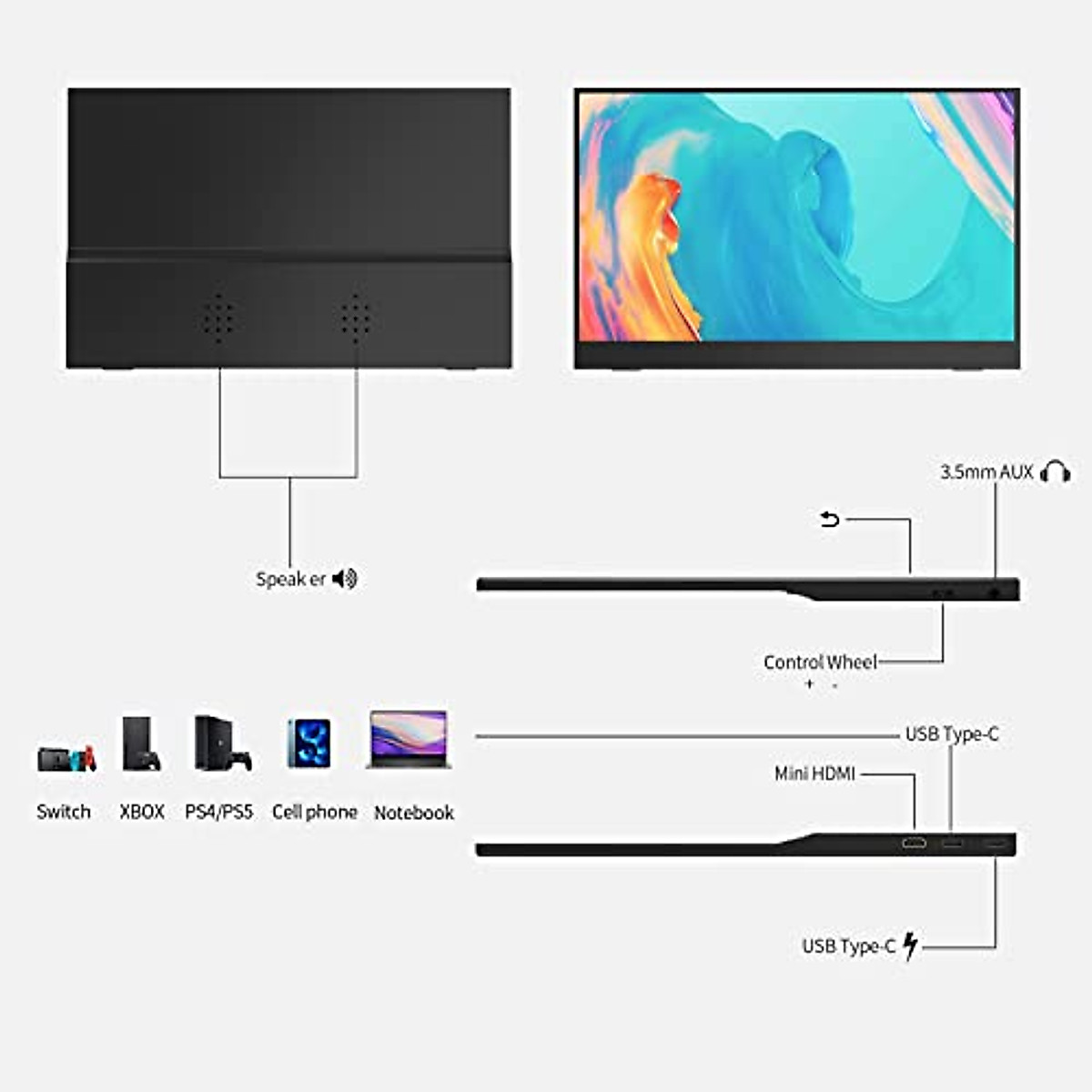 JOHNKANG Portable Monitor 15.6 Inch FHD 1080P USB-C HDMI Second Screen IPS HDR Second External Monitor for Laptop PC Phone Xbox PS4 Switch,Built-in Speaker/Smart Cover Included
