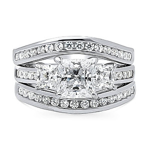 BERRICLE Sterling Silver 3-Stone Wedding Engagement Rings Princess Cut Cubic Zirconia CZ Ring Set for Women, Rhodium Plated Size 7