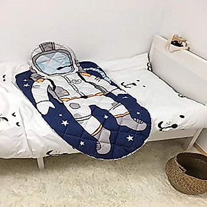 Eanpet Sleeping Bag Kids Toddler Nursery Cotton Quilted Slumber Bag Blue Nap Mat Sleep Blanket Soft Warm Boy Spaceman Printed Sleeping Sack Travel Sleepovers Astronauts with Pillow