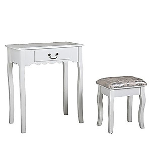 Vanity Table and Chair Set, Makeup Dressing Table with 360° Rotating Mirror and Large Drawer - White,White