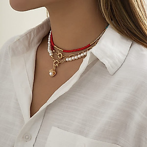 Jumwrit Bohemian Pearl Choker Necklace with Pearl Seashell Pendant Layered Necklaces Colourful Beaded Necklace Paperclip Chain Necklace for Women and Girls