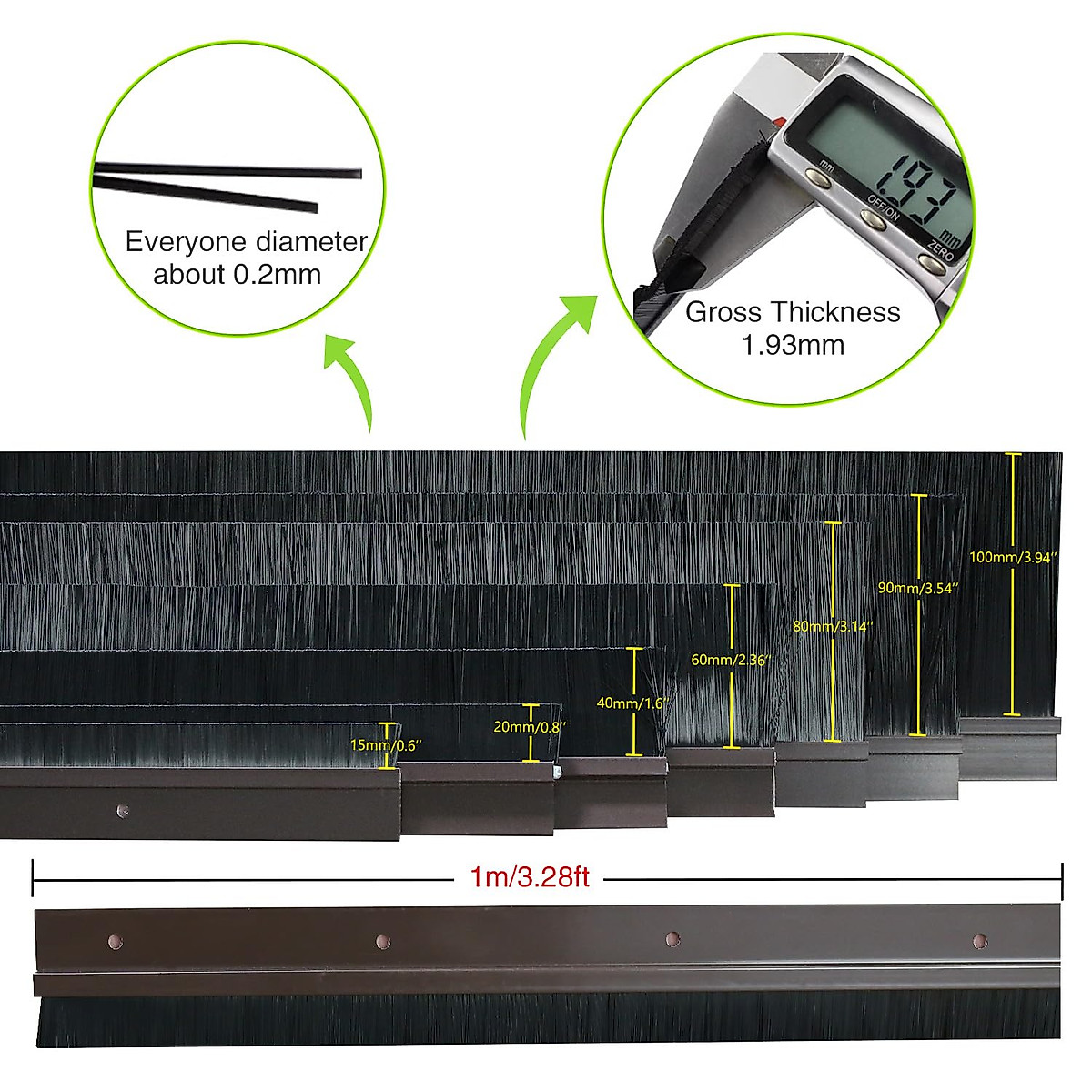 Qimoo 2 Pack Door Bottom Sweep, h-Shape Aluminum Alloy Holder Door Sweep for Bottom of Door with 1.6" Brwon Nylon Brush, 39.37"x2.48"(1000mmx63mm)