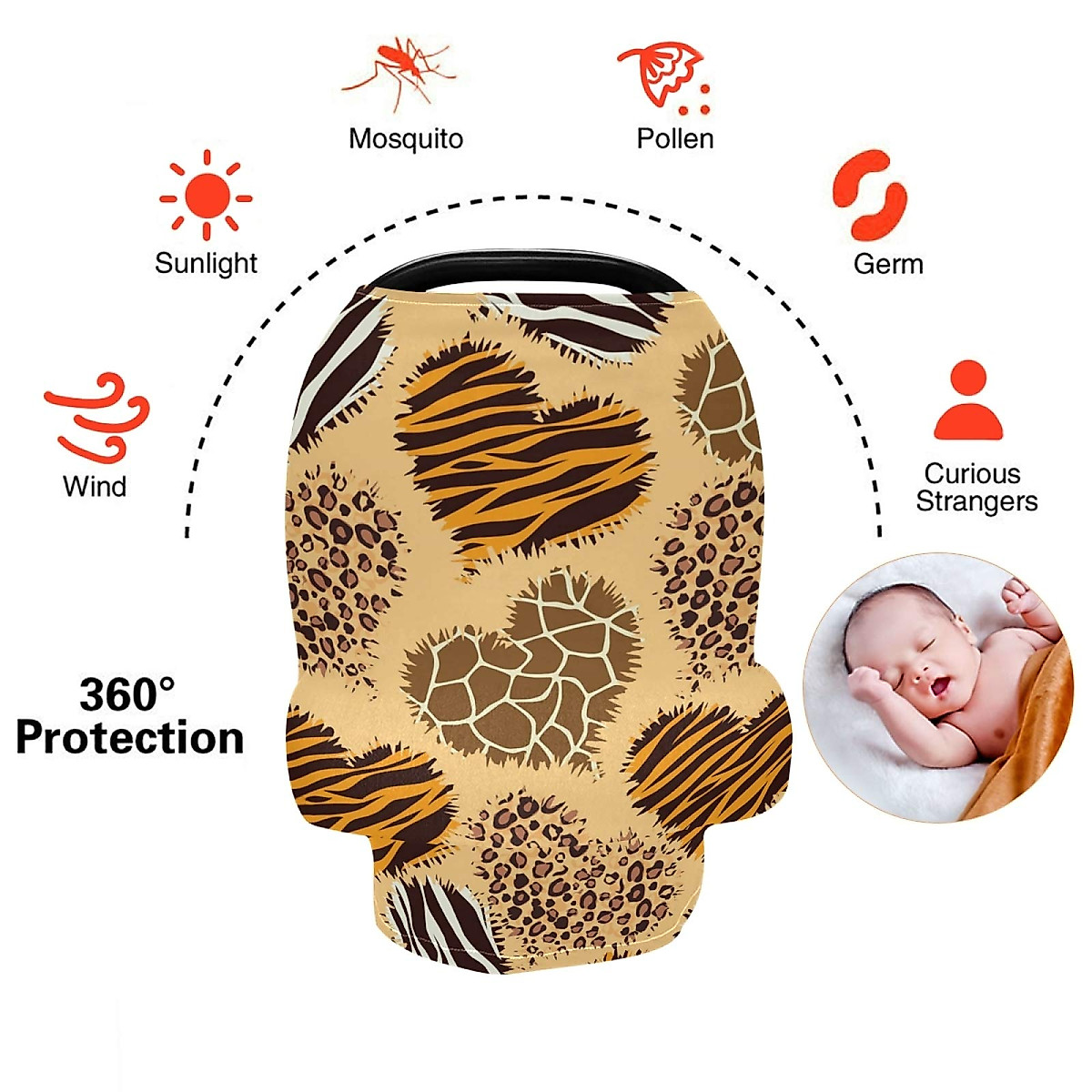 Baby Car Seat Covers Canopies for Boys Girls Leopard Giraffe Zebra Print Heart Infant Stroller Cover Nursing Cover Breastfeeding Scarf Warm Windproof
