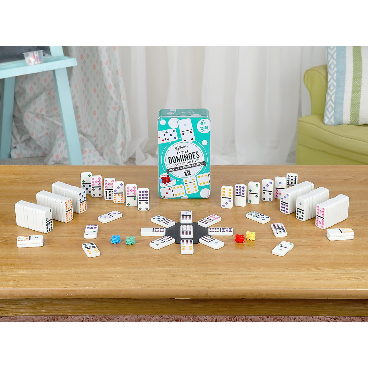 Regal Games â€“ Double 12 Dominoes â€“ Colored Dots Set â€“ Mexican Train Edition Set with, 91 Tiles, 4 Trains, Hub, & Collector's Tin - 2-8 Players Ages 8+ for Kids & Adults