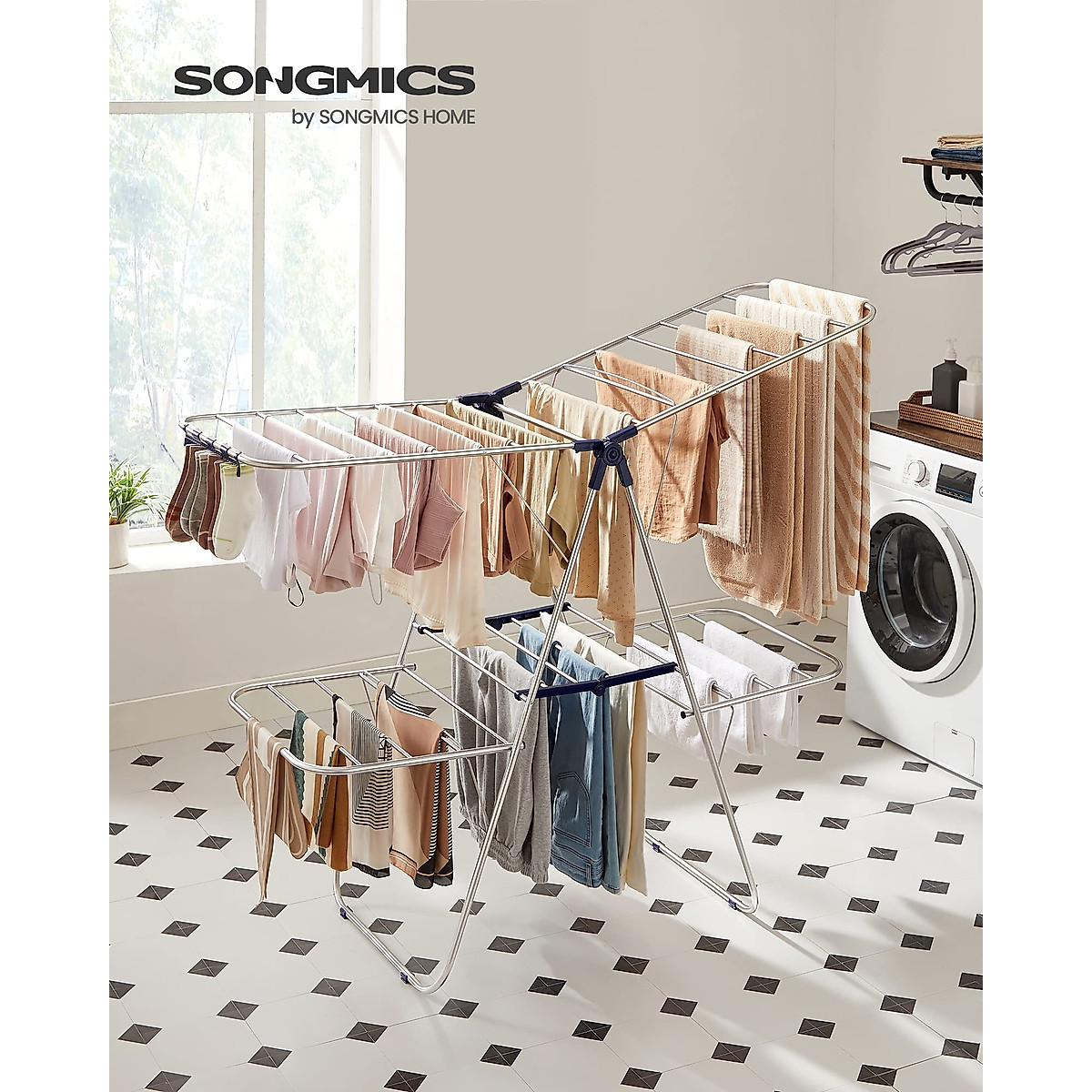 SONGMICS Clothes Drying Rack, Foldable 2-Level Laundry Drying Rack, Free-Standing Large Drying Rack, with Height-Adjustable Wings, 33 Drying Rails, Sock Clips, for Clothes, Sheets, Blue ULLR53BU