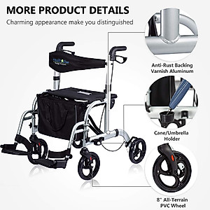 Health Line Massage Products 2 in 1 Rollator-Transport Chair w/Paded Seatrest, Reversible Backrest and Detachable Footrests, Silver White