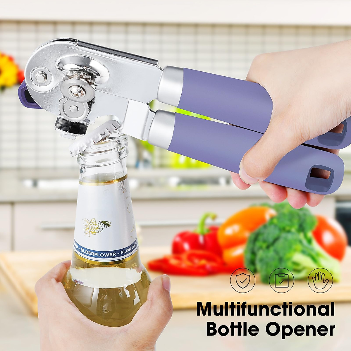 Can Opener Manual, Can Opener with Magnet, Hand Can Opener with Sharp Blade Smooth Edge, Handheld Can Openers with Big Effort-Saving Knob, Can Opener with Multifunctional Bottles Opener, Purple