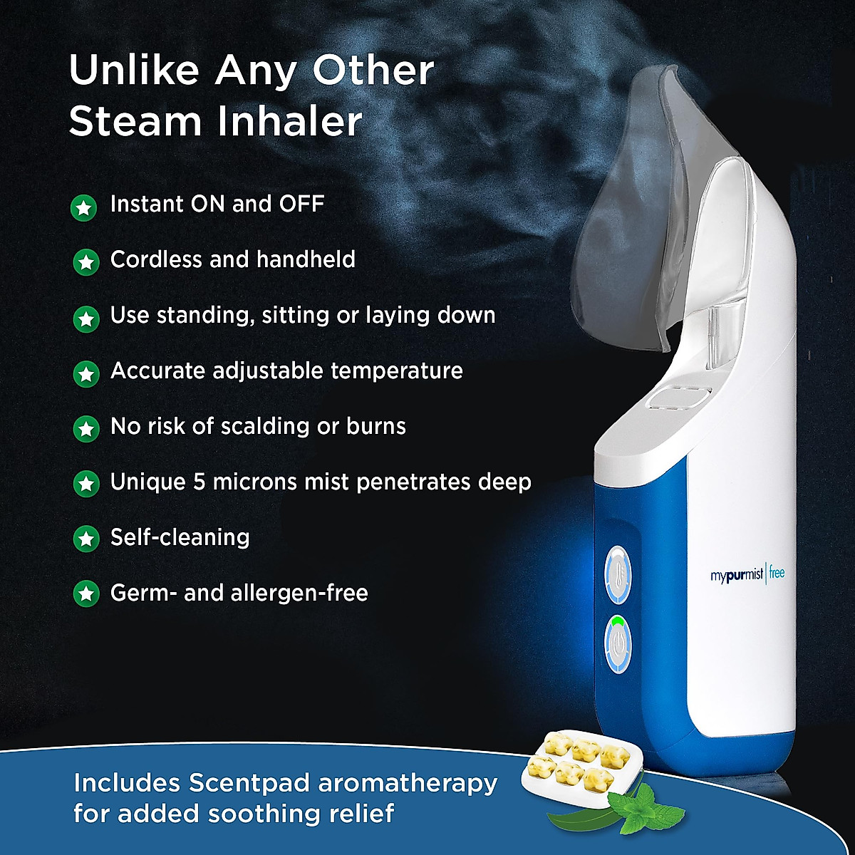 mypurmist Cordless Ultrapure Steam Inhaler - Handheld Steamer, Vaporizer & Humidifier for Sinus Relief, Nasal Congestion, Cold & Cough, & Vocal Care for Singers (Base Kit)