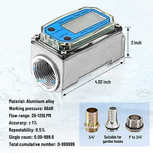 creahub 1 Inch Digital Turbine Flow Meter, Fuel Flow Meter, Water Flow Meter, Digital LCD Display Flow Rate 20-120 LPM, Adapters for Water, Gas Oil, Gasoline, Diesel and Other Liquids