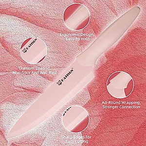 KATISUN Kitchen Knife Set with Guards, 13 Piece Pink Non-Stick Boxed Knives Set, Anti-Rust and Dishwasher Safe, 6 Knives with 6 Blade Covers and Kitchen Shears