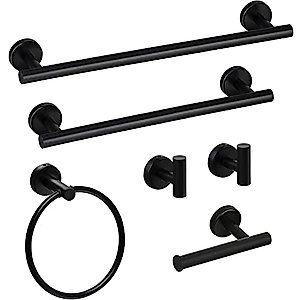 Bathroom Hardware Set, 6-Piece Matte Black Bath Accessories Set Wall Mount Includes 17/23" Towel Bar,Toilet Paper Holder,Towel Ring, 2 Hooks SUS304 Stainless Steel,Heavy Duty