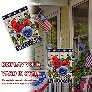 Covido Home Decorative Welcome July 4th of July Cardinal Patriotic America Garden Flag, American USA Memorial Day Yard Red Bird Pansy Flower Outside Decor, Summer Outdoor Small Decoration 12x18