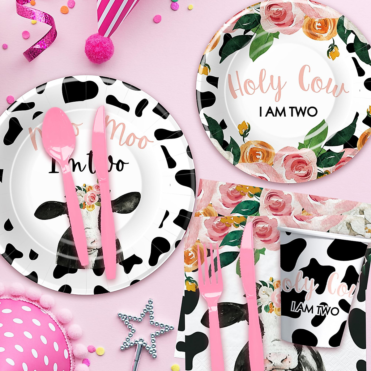 APOWBLS Moo Moo Im Two Birthday Decorations Tableware Girl - Cow 2nd Birthday Party Supplies, Plate, Napkin, Tablecloth, Fork, Holy Cow Two Year Old Birthday Party Decorations Dinnerware | Serve 24