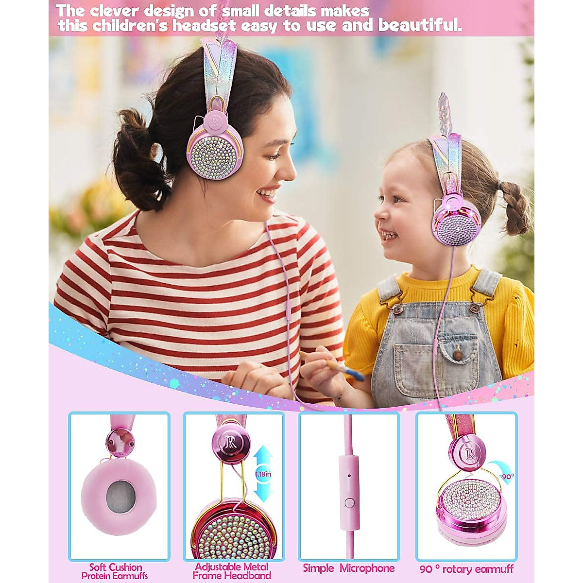 SVYHUOK Girls Pink Unicorn Wired Headphones,Cute Cat Ear Kids Game Headset for Boys Teens Tablet Laptop PC,Over Ear Children Headset withMic,for School Birthday Xmas Gifts
