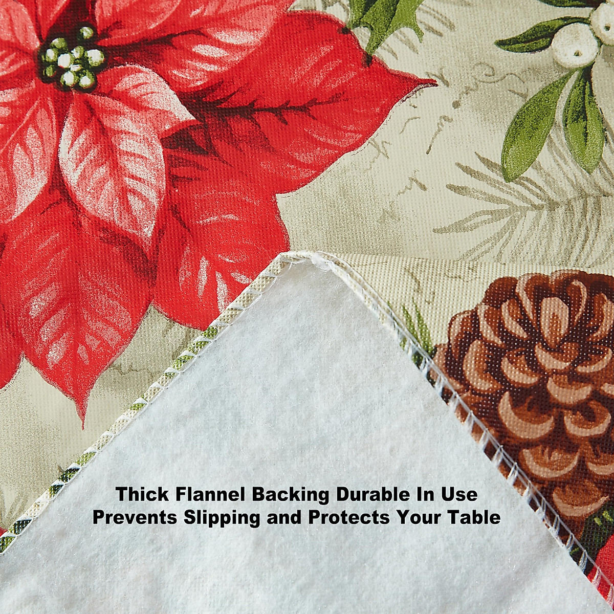 Newbridge Majestic Winter Poinsettia Festive Floral Christmas Print Vinyl Flannel Backed Tablecloth, Noel and Holly Berry Xmas Easy Care Wipe Clean Tablecloth, 60 Inch x 84 Inch Oblong/Rectangle