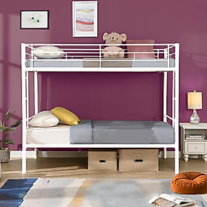 Cirui Kids Bunk Beds Twin Over Twin Convertible Bunkbed Metal Bunk Beds with 2 Side Ladders & Guardrails, Toddler Bunk Bed for Teens Boys Girls Adults Small Space Guest Room, with Bottom Space, White