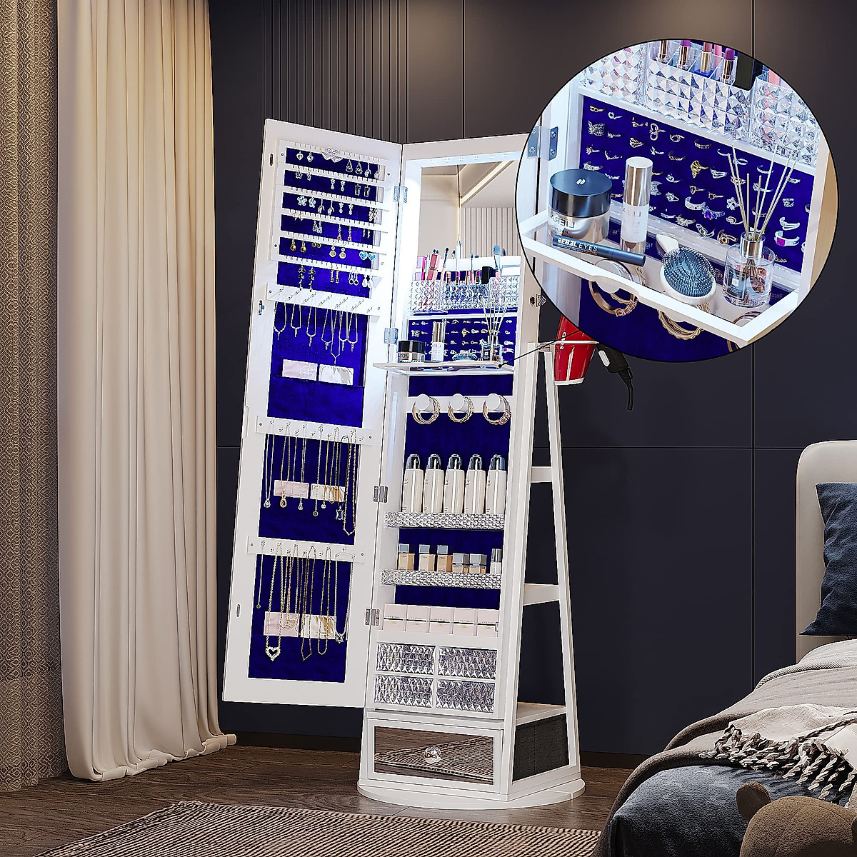 Dystler 360° Swivel Jewelry Cabinet with 6LED Lights, Rotatable Full Length Mirror with Jewelry Storage, Lockable Standing Jewelry Armoire Organizer, Foldable Makeup Shelf& Built-in Small Mirror,White