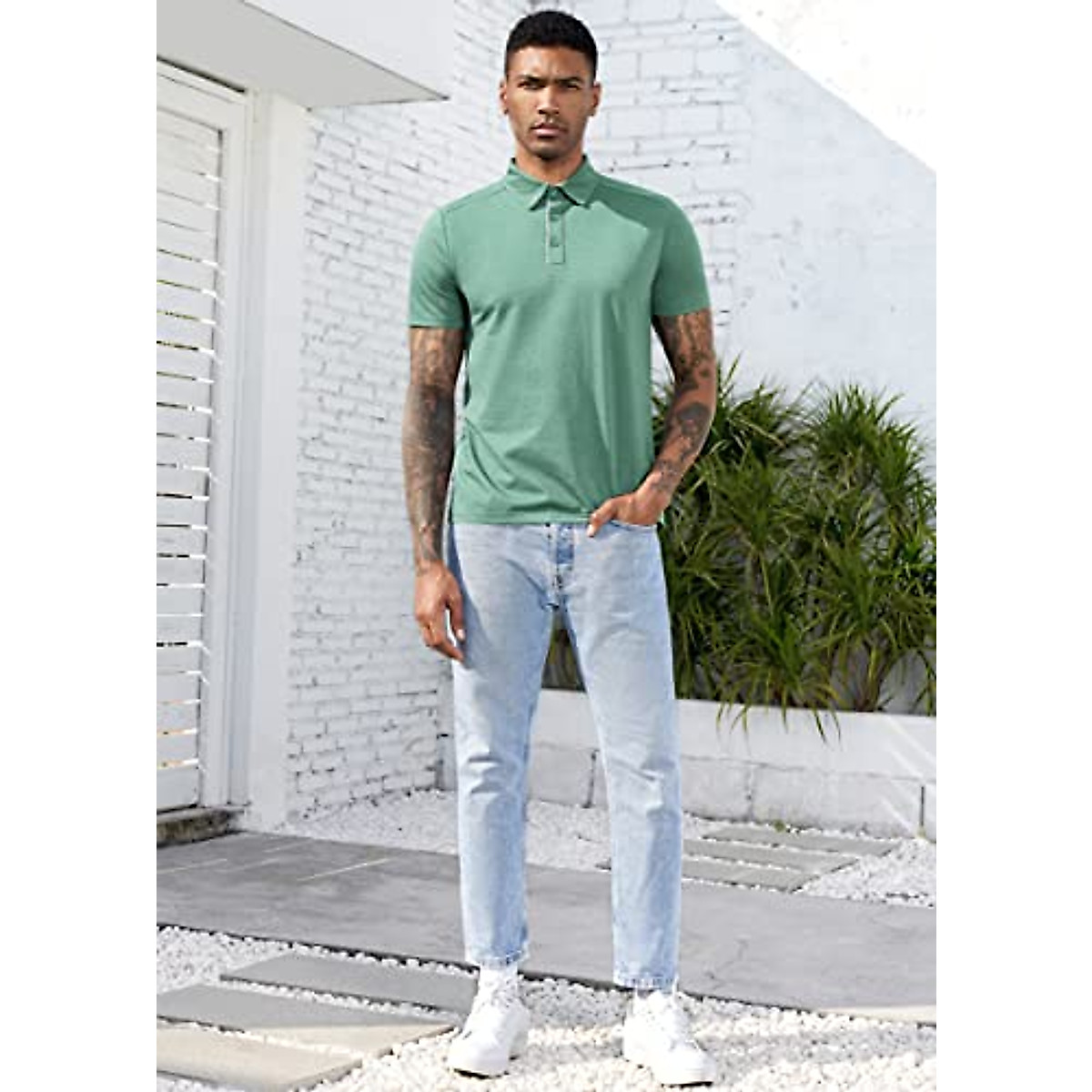 LE VONFORT Mens Quick Dry Performance Golf Polo Shirts Short Sleeve Summer Casual Athletic Collared Shirt Light Green X-Large