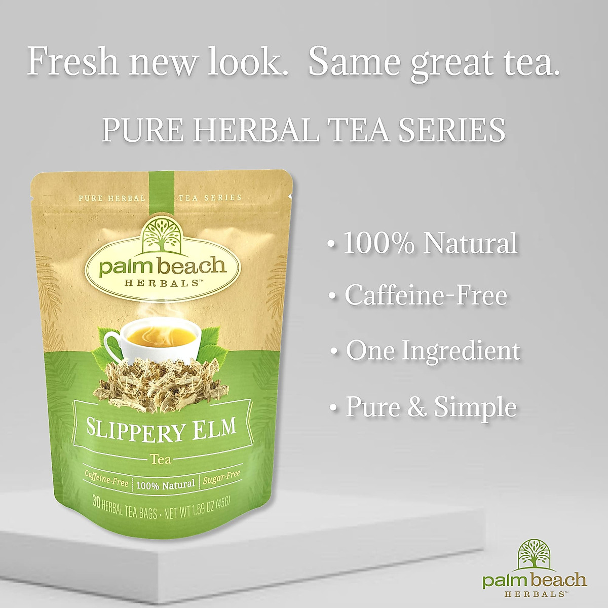 Slippery Elm Tea by Palm Beach Herbals, 30 Count Tea Bags, Caffeine-Free | Pure Herbal Tea Series