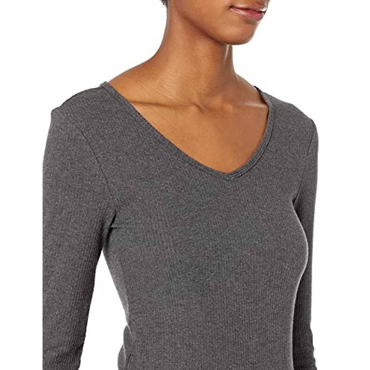 Amazon Essentials Women's Slim-Fit Layering Long Sleeve Knit Rib V-Neck (Available in Plus Size), Pack of 2, Black/Charcoal Heather, Small