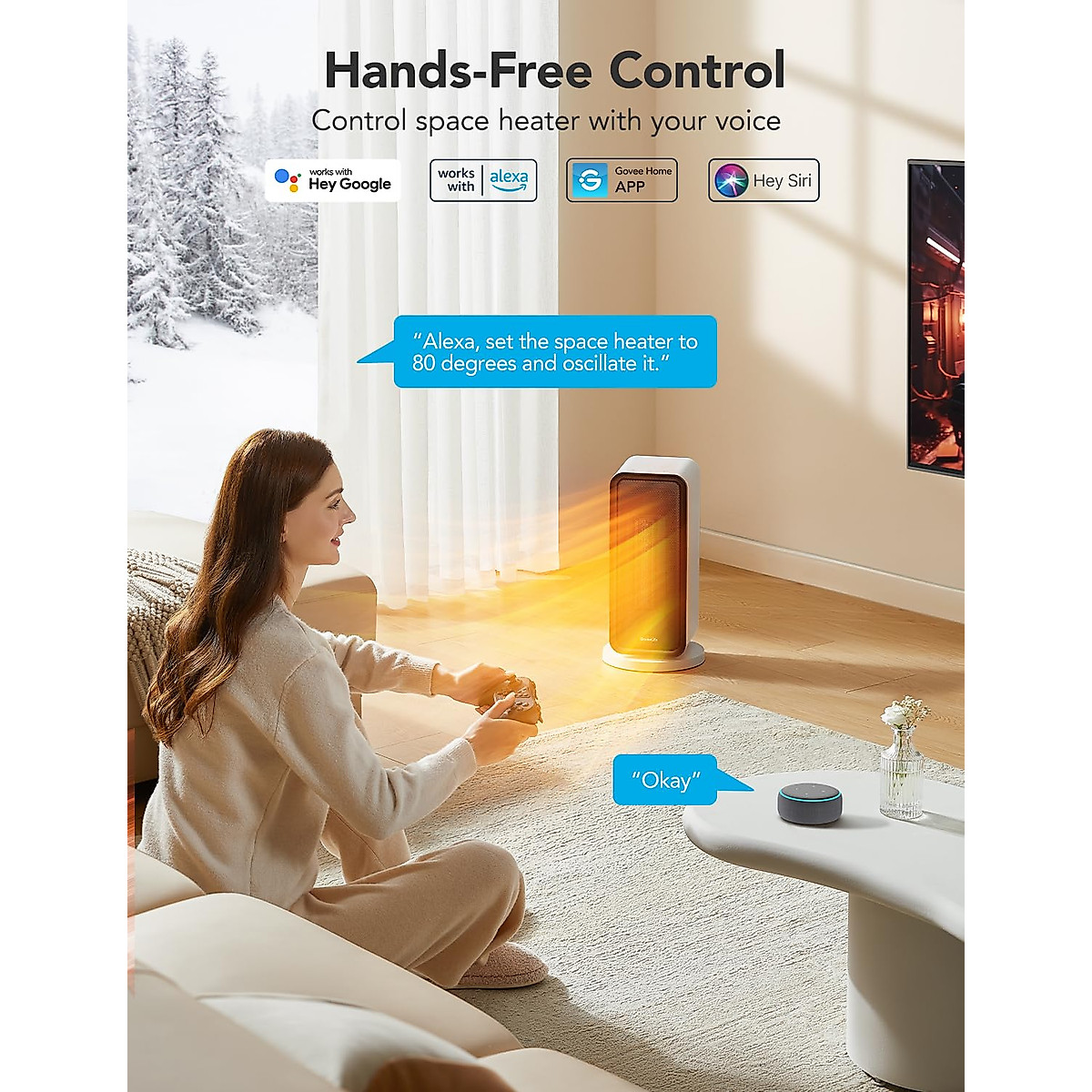 GoveeLife Space Heater for Indoor Use, Electric Heater with Thermostat, 80°Oscillating, 1500W Fast Portable Heating, 24H Timer, Smart Ceramic Heater with App & Voice Remote, Home/Bedroom/Office, White