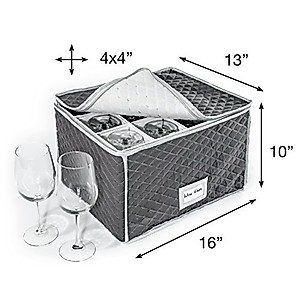 Stemware Storage Case - Quilted Fabric Container in Gray Measuring 16" x 13" x 10"H - Inside compartment is 4" x 4" - Perfect Storage Case for White and Red Wine Beer Mugs