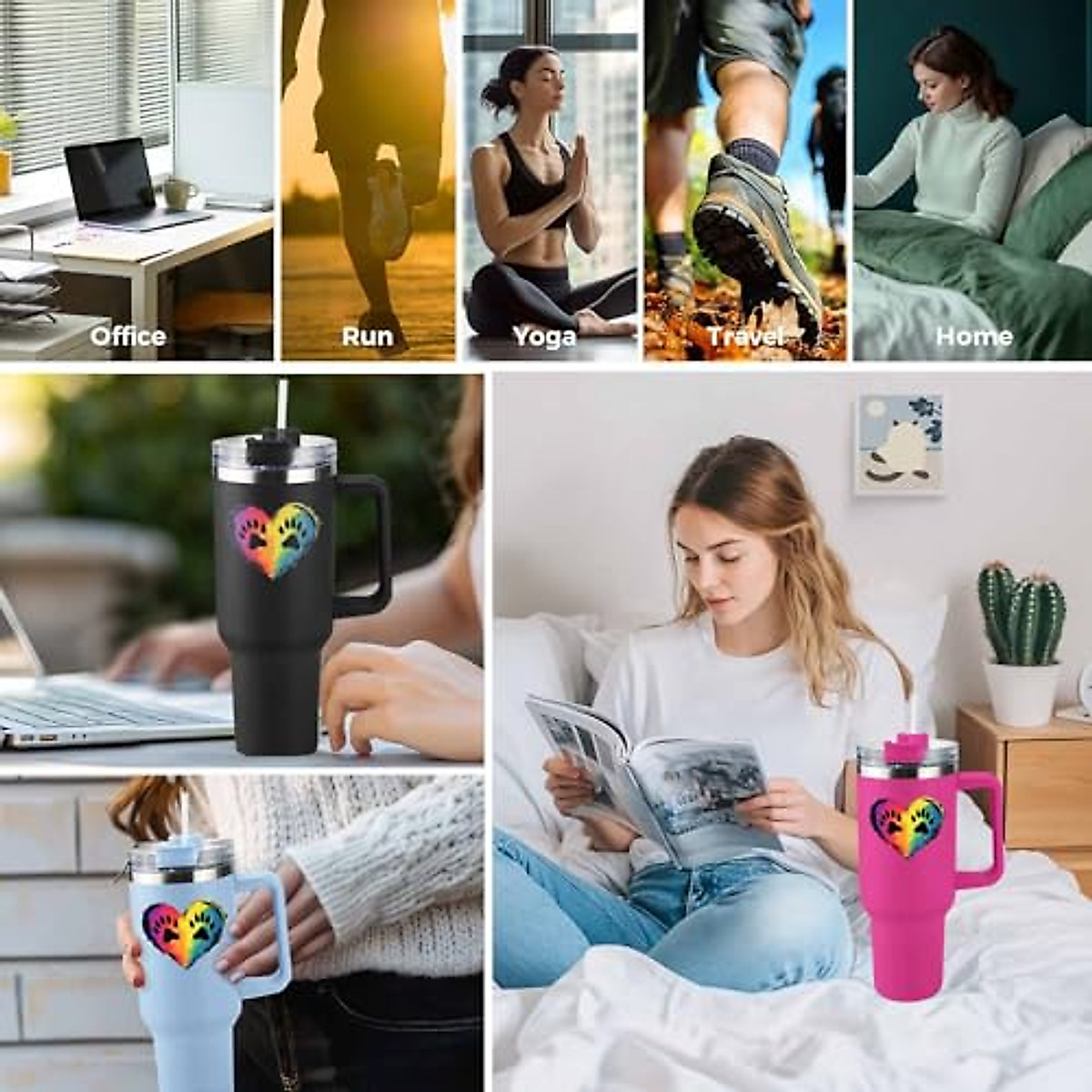 40 ounce insulated cup with handle, double-layer vacuum stainless steel material, equipped with straw, can keep warm or maintain cold drinks Love Rainbow Paw Animal 2 Lake Green