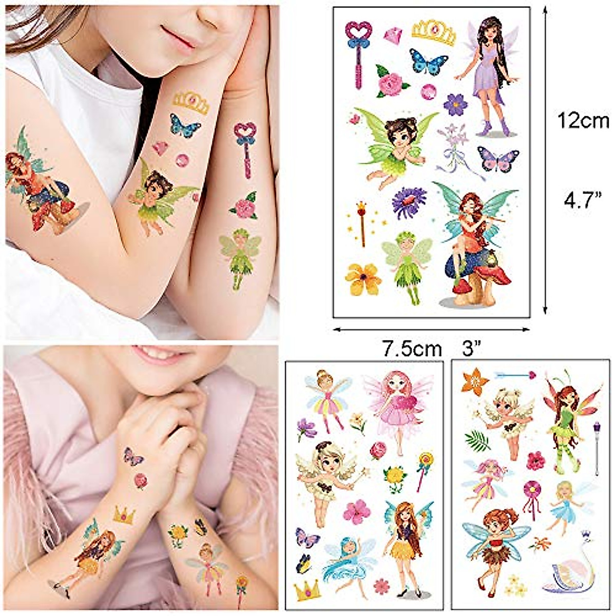 Yarlilyan 100+ Fairy Glitter Tattoos for Girls, Children Birthday Party Favor Temporary Tattoo Sticker, Magic Fantasy Butterfly Flower Pink Fake Waterproof tattoo on kids Body Hand Arm Face 10 Sheets
