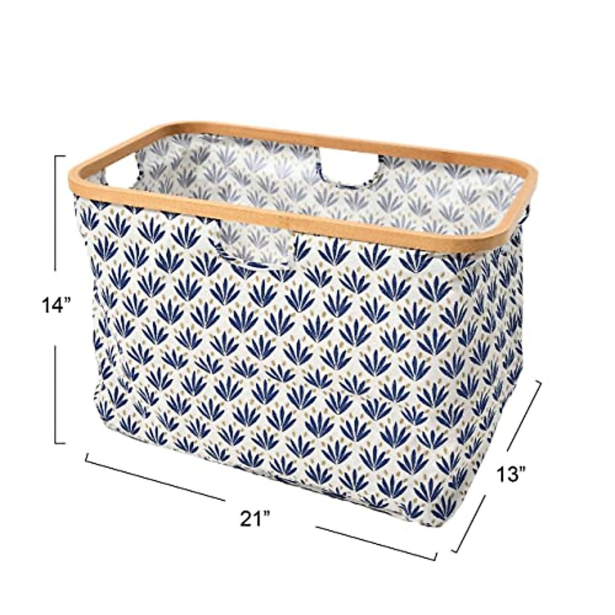 Household Essentials Bamboo Rimmed Krush Basket with Cutout Handles, Blue Cacti