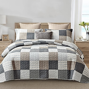 Y-PLWOMEN Quilt Set King Size, 100% Cotton Quilt Bedding Set, Patchwork Plaid Quilted Bedspread, Lightweight Reversible King Comforter Set for All Season, Grey/Brown/White/Black, 3-Pieces
