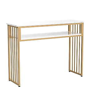 GOLASON Gold Bar Table, High Top Pub Tables for Kitchen, Modern Dinning Table with Open Storage Shelf, Liquor Bar Unit for Living Room (Not Included Chairs, 47”W)