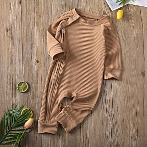 iddolaka Newborn Baby Boy Girl Long Sleeve Zipper Romper Bodysuit Jumpsuit Playsuit One Piece Outfit Fall Winter Clothes(Z-Long Sleeve Fall Romper Khaki, 0-3 Months)