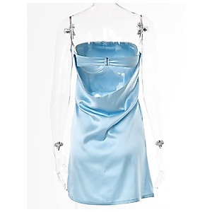 LYANER Women's Satin Silk Hollow Out Back Strapless Tube Bodycon Club Mini Dress Blue# Medium