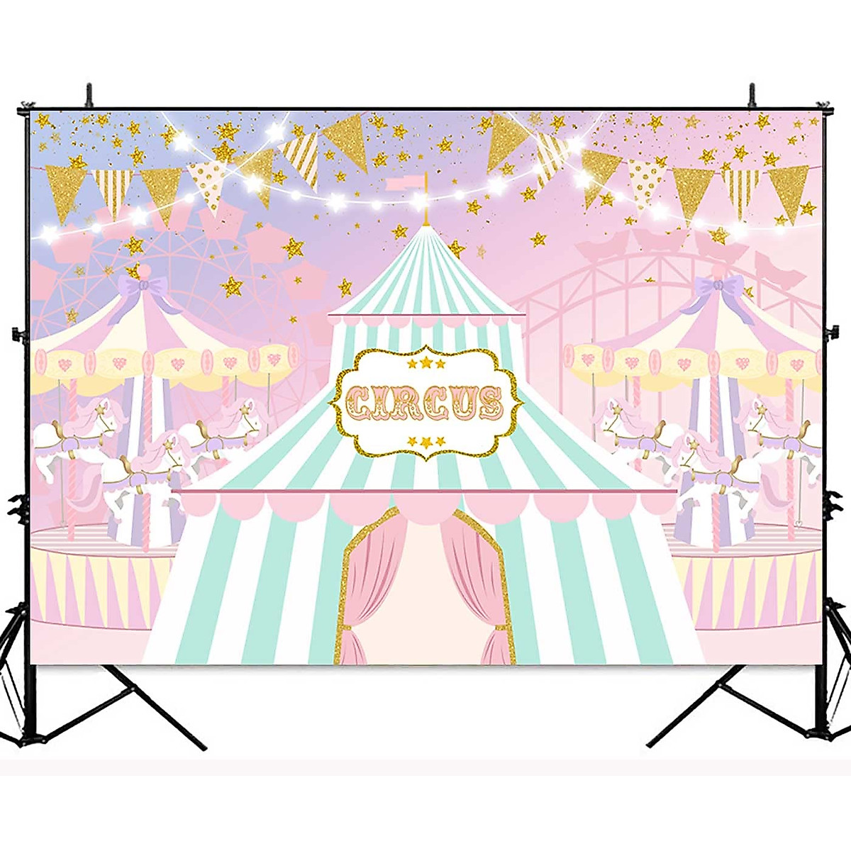 Ayayiya Pink Circus Backdrop for Girl Pastel Carnival Carousel Birthday Party Decorations Big Top Tent Ferris Wheel Photography Background Sweet Baby Shower Cake Table Banner Photo Booth Props 7x5ft