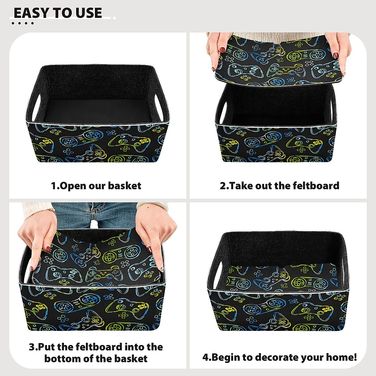 Emelivor Play Games Storage Basket Bins Set (2pcs) Felt Collapsible Storage Bins with Dual Handles Dog Toy Basket for Office Bedroom Closet Babies Nursery Toys DVD Laundry