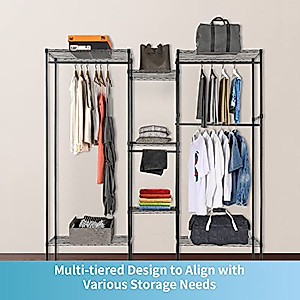 Garment Rack Metal Clothes Rack Large Armoire Storage Portable Closet Shelves Wire Clothing Rack Multiple Assembly Methods with 4 Hanger Rod 4 Large Shelves 3 Small Shelves, Max Load 830 LBS, Black