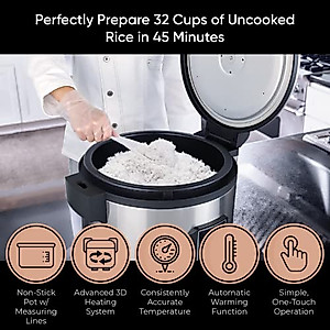 Commercial Stainless Steel Rice Cooker - Professional 64 Cup Cooked (32 Cup Uncooked) Rice Maker Cooker With Non Stick Pot & Hinged Lid - Includes a Rice Measuring Cup & Rice Scoop