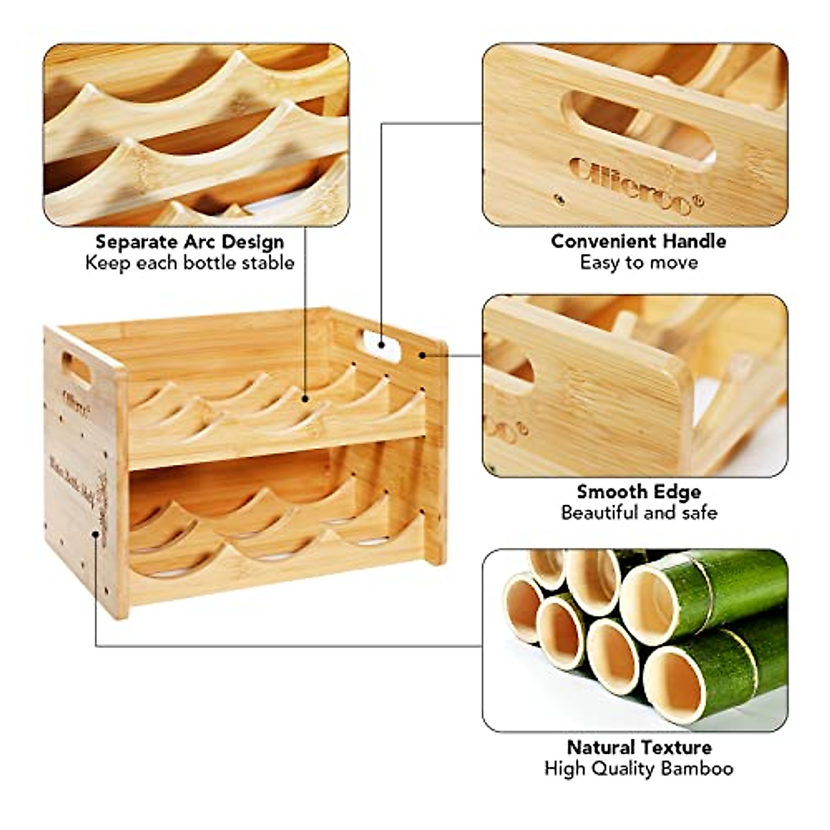 Ollieroo Bamboo Water Bottle Organizer Shelf, Freestanding Water Bottle Holder for Cabinets, Kitchen Countertops, Pantry, Tabletop, 2 Tiers Closet Wine Bottle Storage Rack Holds 6 Bottles(Natual)